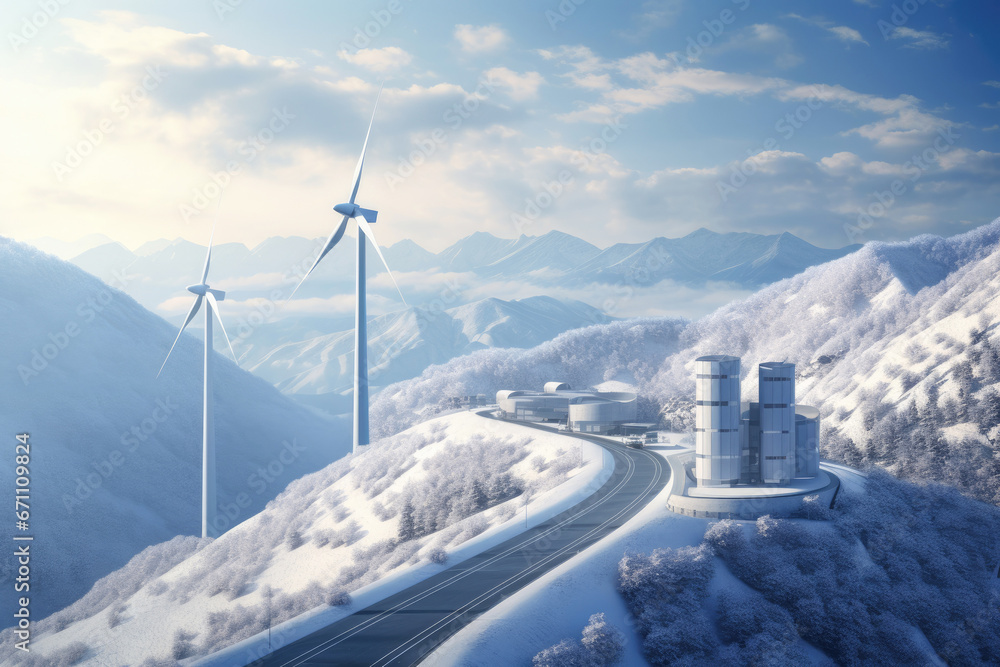 A futuristic wind turbine farm amidst a snowy landscape, harnessing the ...