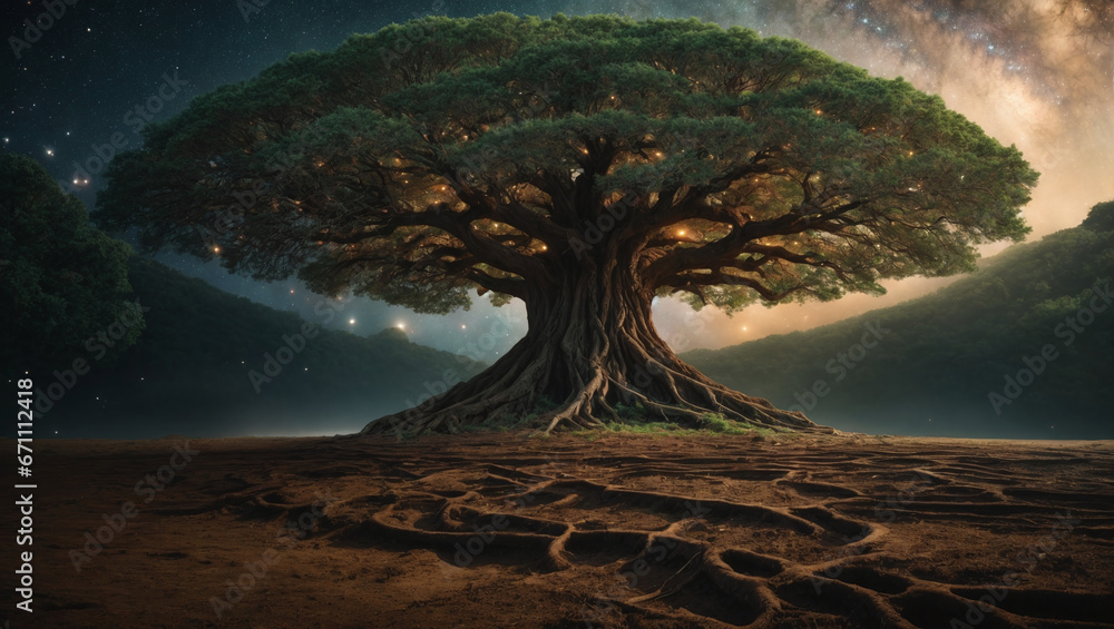 A colossal tree of life, with its roots buried in the earth and its ...