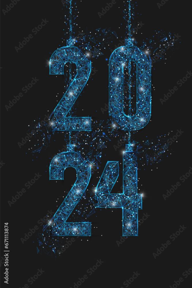 Abstract isolated blue image of new year number 2024. Polygonal low ...