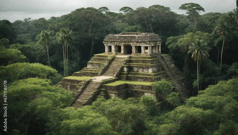A lush, overgrown, and ancient Mayan temple hidden deep within a dense jungle. Lost civilization ...