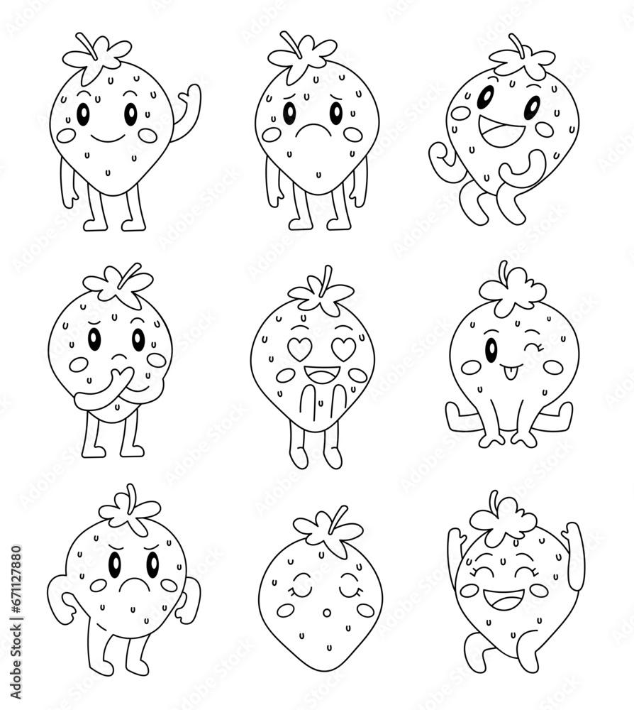 Cute strawberry character. Coloring Page. Kawaii berry different poses ...