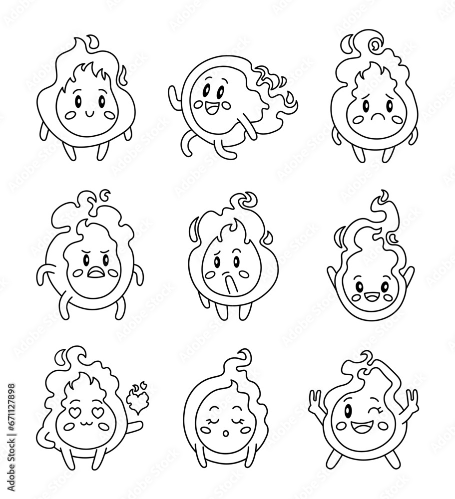 Cute fire character. Coloring Page. Kawaii flames different poses and ...