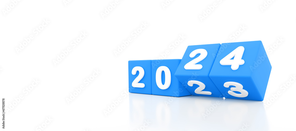 happy new year 2024,, 2024 new year, 3d illustration of 2024 blue dices ...