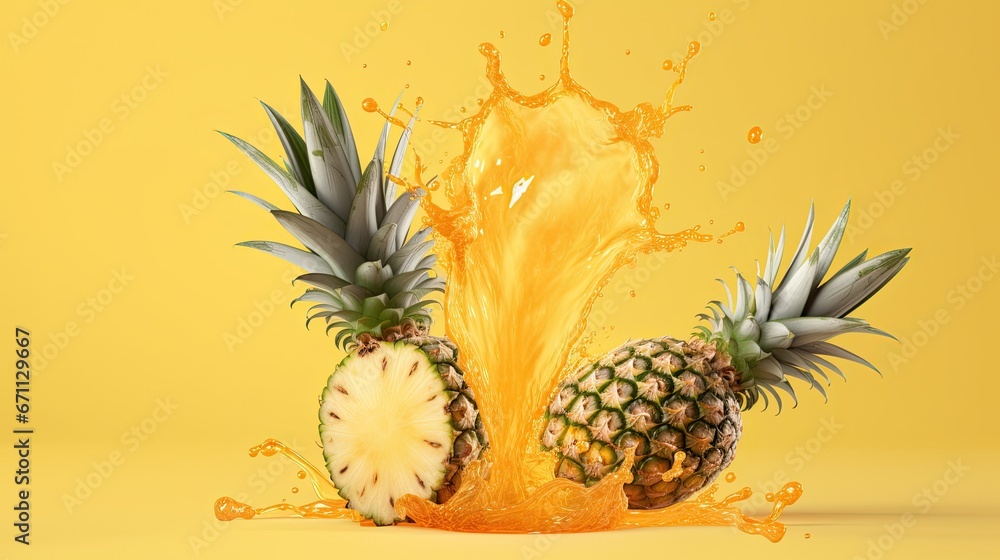 Flying in air fresh ripe whole and cut baby Pineapple with juice splash ...