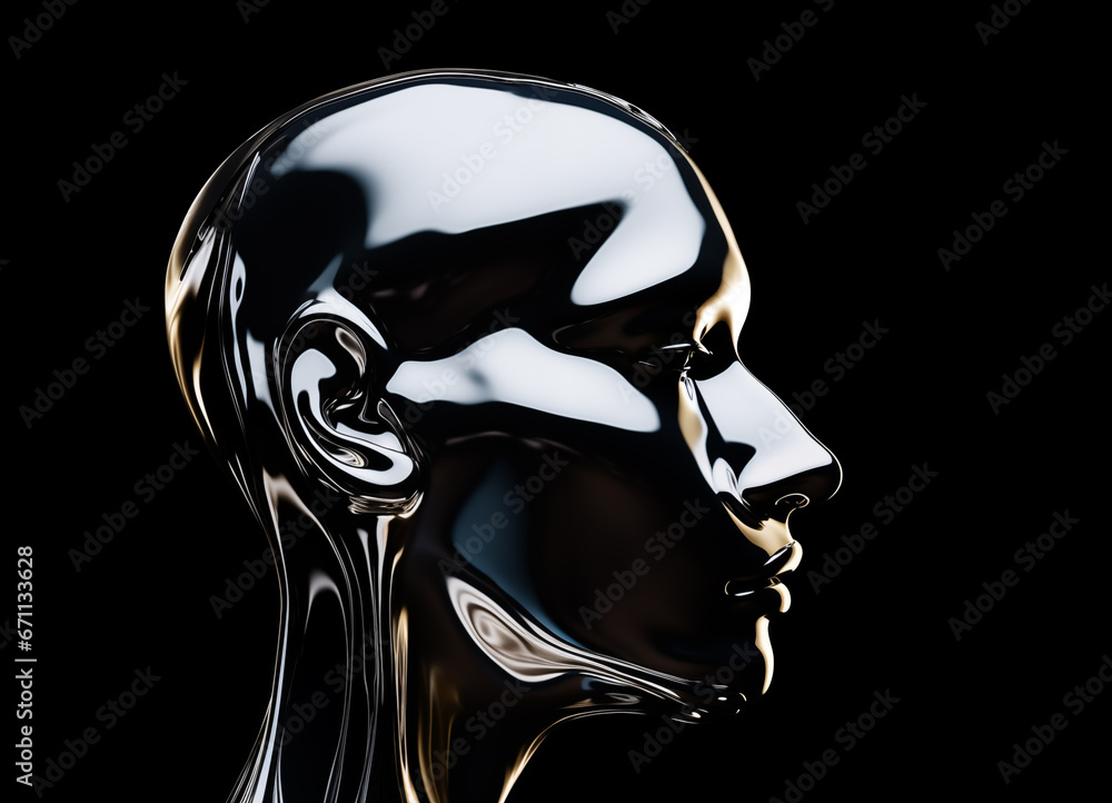 Melted liquid chrome side head profile of a female robot over black ...