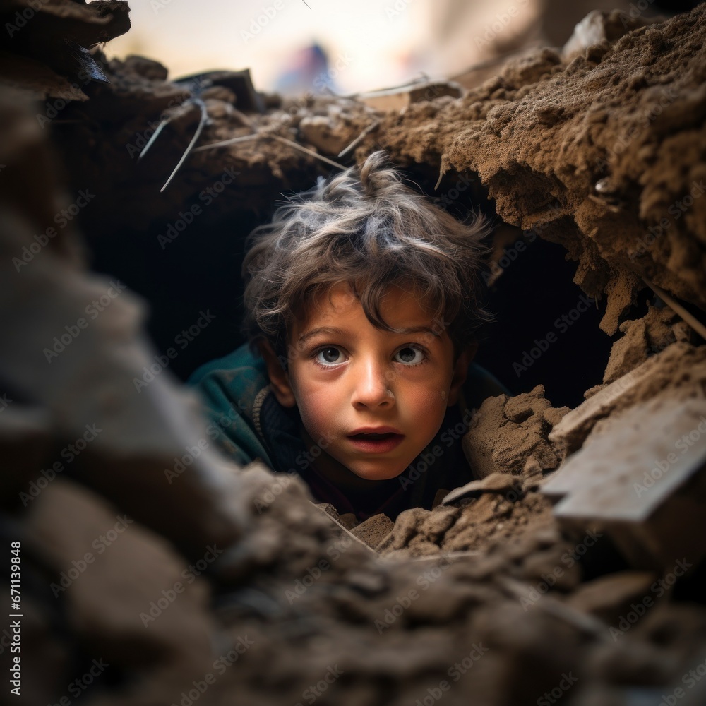 Child scared under rubble after a strong earthquake during the day with ...