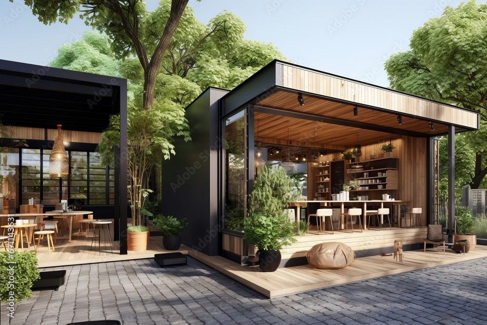 Small modern coffee shop, wooden exterior, realistic render ...