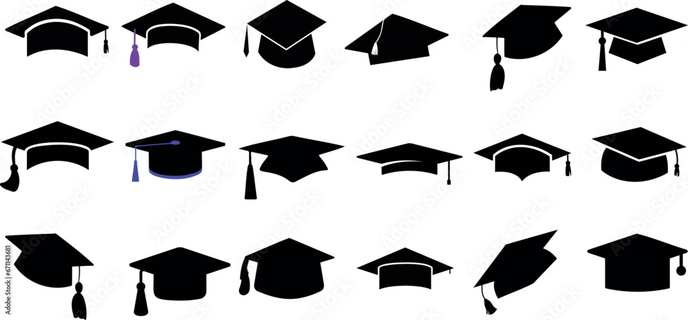 Graduation caps, black and white vector illustration. Different styles ...
