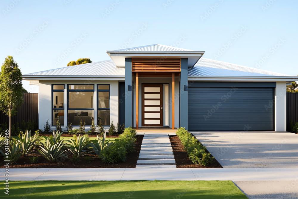 Exterior front facade of new modern Australian style home, residential ...