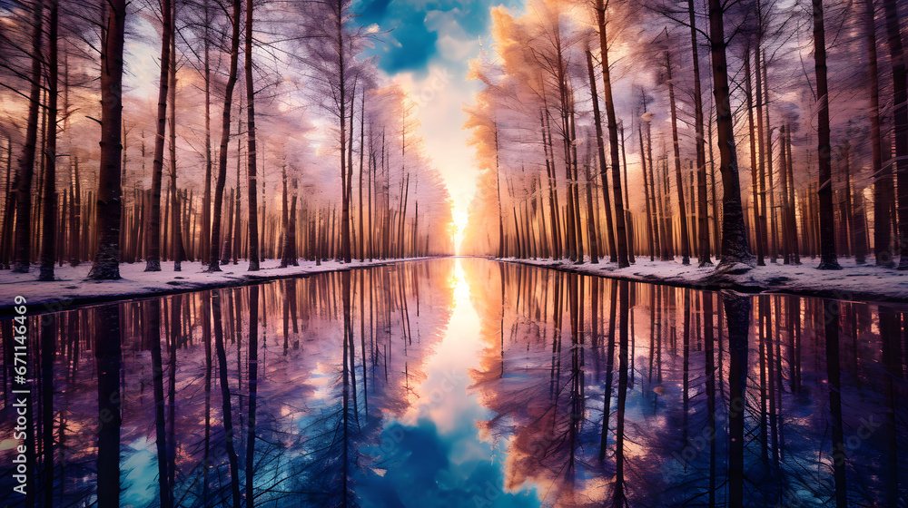 Forest of mirrored trees reflecting a surreal sky, surreal background, landscape background ...