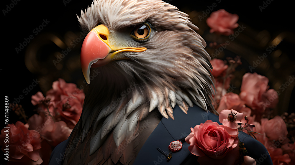 a bald eagle with roses in his suit, in the style of ray tracing, dark ...