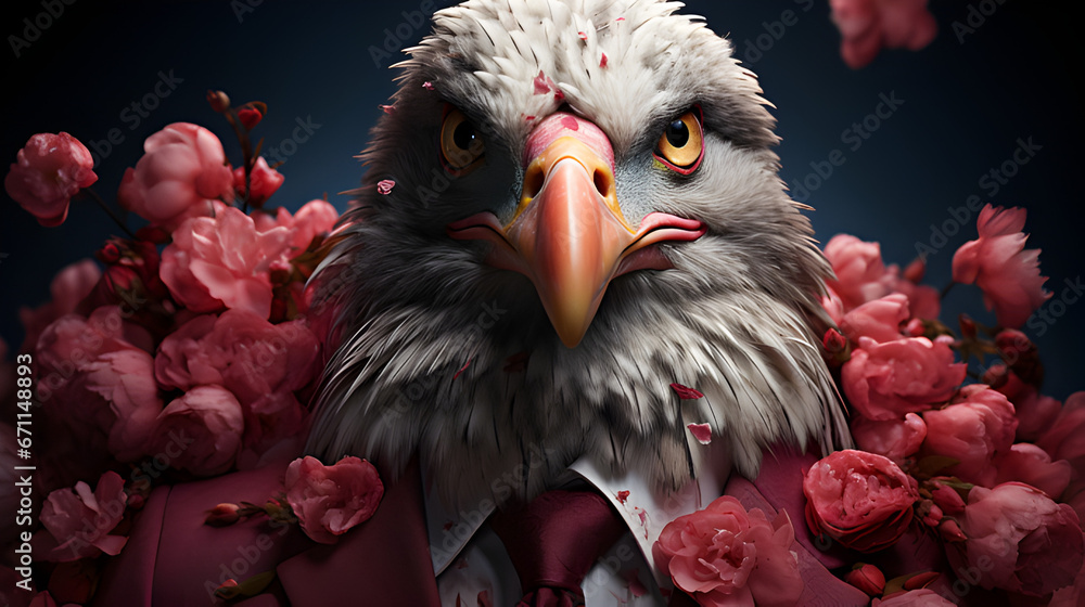 a bald eagle with roses in his suit, in the style of ray tracing, dark ...