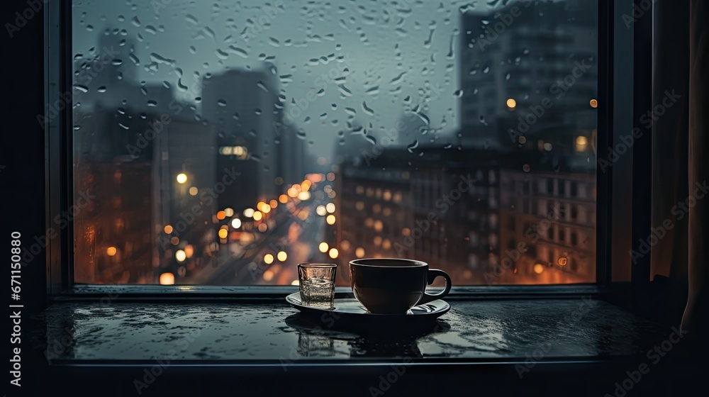a cup of coffee sitting on top of a window sill in front of a rain ...