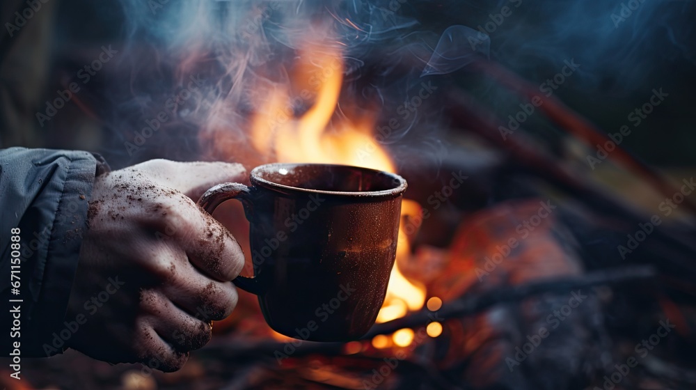 a person holding a cup of hot coffee in front of a fire with smoke ...