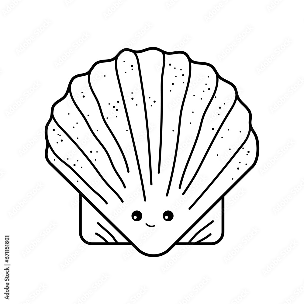Scallop. Coloring page, coloring book page. Black and white vector ...