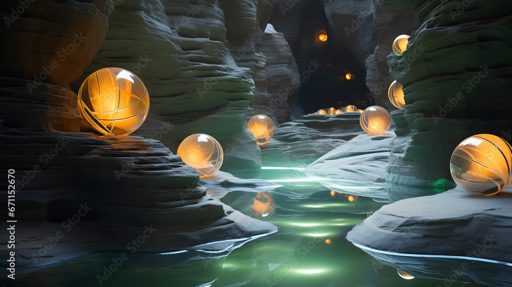 Canyon filled with floating, luminescent orbs, surreal background ...