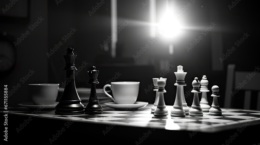 a black and white photo of chess pieces on a chess board with a light ...