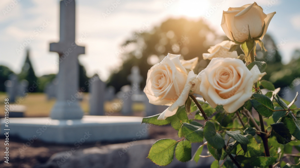 Beautiful white rose on Catholic cemetery with a grave marker and cross ...
