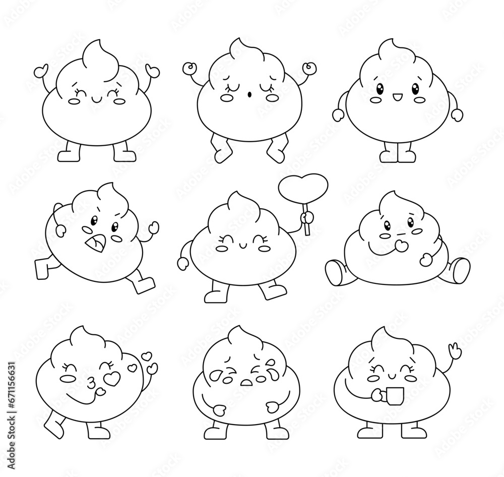 Cute funny poop with arms and legs. Coloring Page. Cartoon kawaii ...