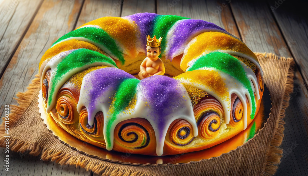 King Cake traditional holiday pastry for Mardi Gras with toy baby ...