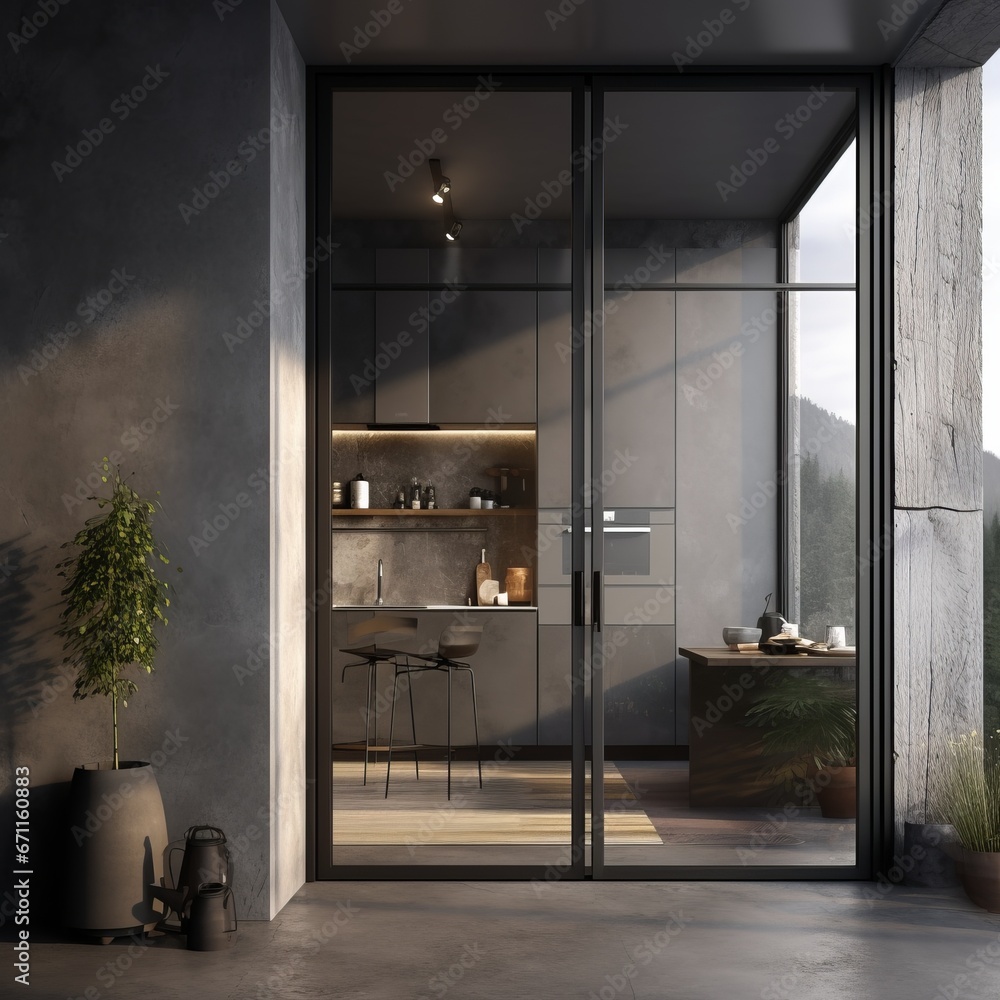 Modern glass door in front in detailed dark gray interior with textured ...