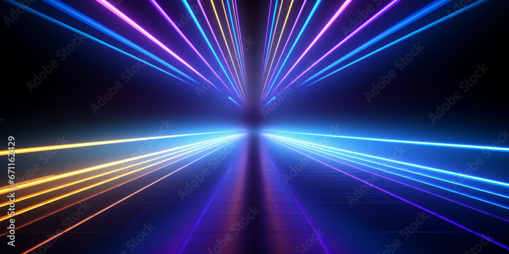 Neon dark stage shows empty room: neon light, spotlights, dark blue ...