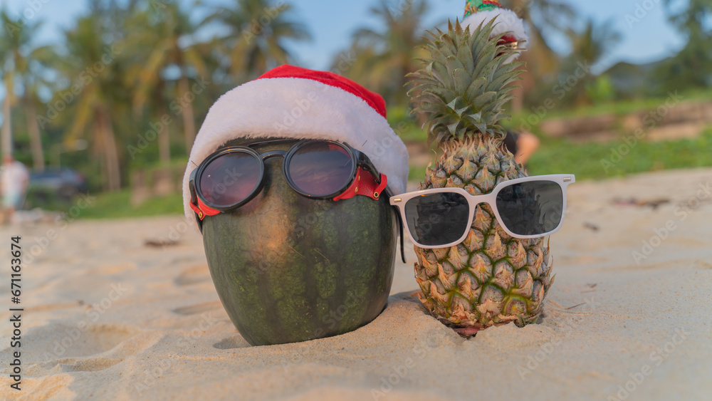 Snowman made of pineapple and watermelon on the beach Healthy Christmas ...