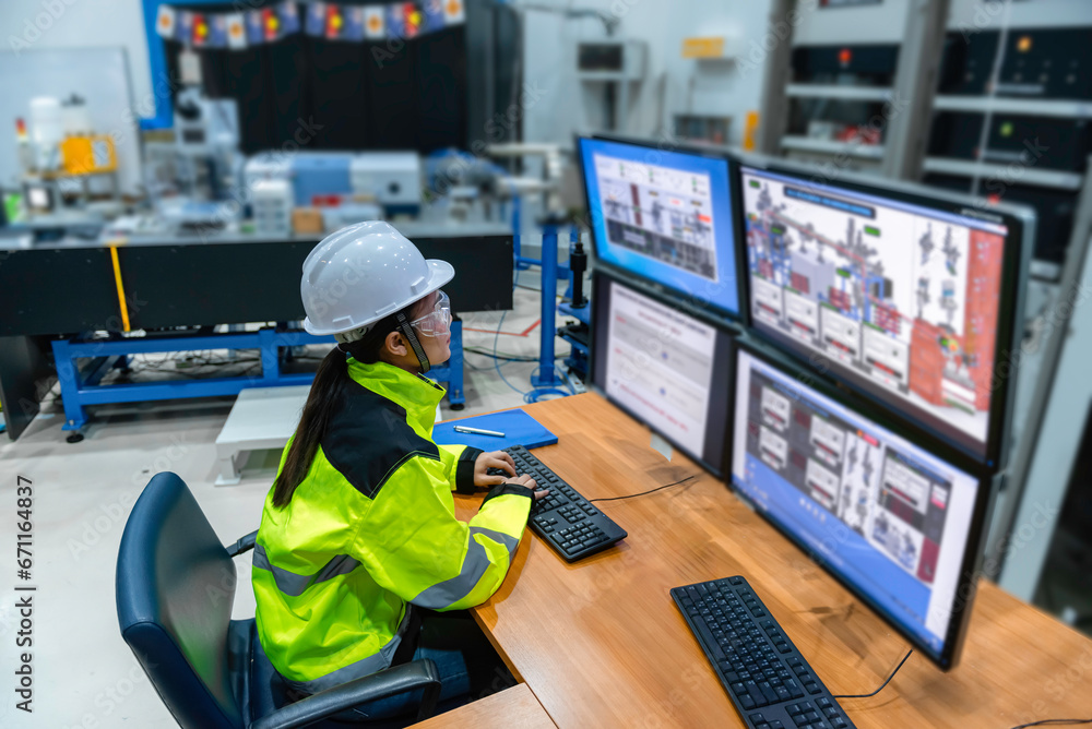 Inside the large Industry Factory Female Computer Engineer Works on ...