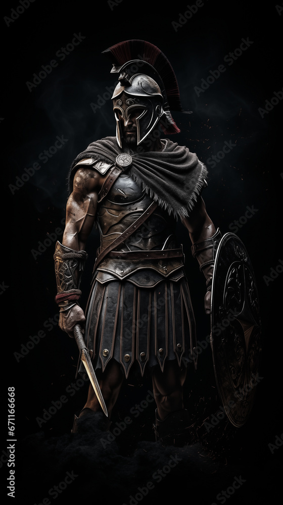 Portrait of a brave spartan warrior with sword and shield standing on ...