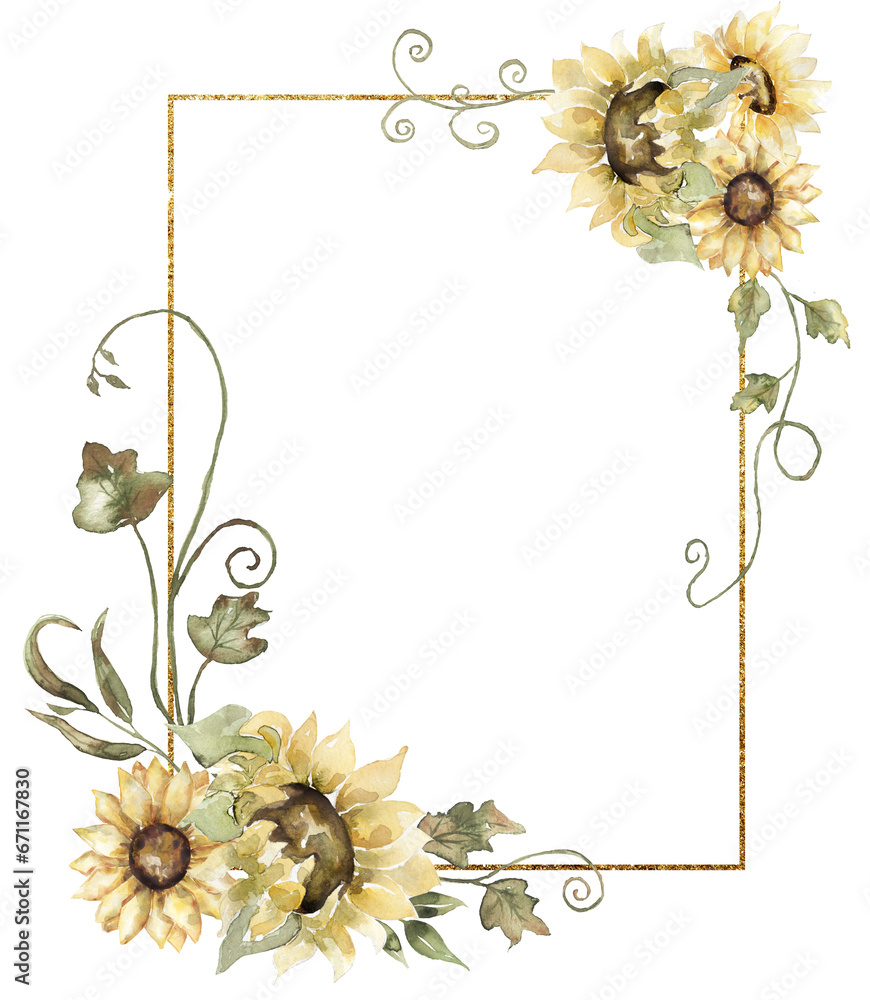 Watercolor sunflowers frame clipart. Autumn florals border illustration ...