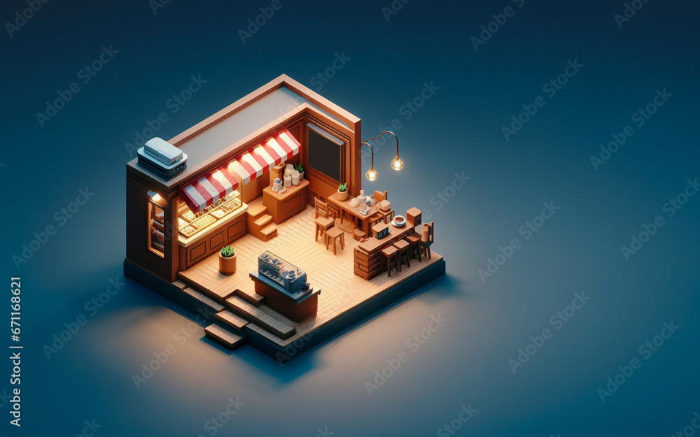 Isometric coffee shop a three dimensional style coffee shop in a dark ...