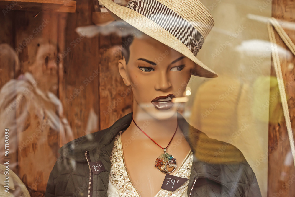 Fancy clothing in a store in European shops. Display of a clothing ...