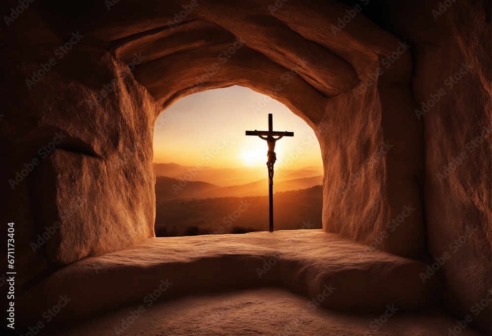 holy cross in a cave in front of a beautiful nature landscape Stock ...