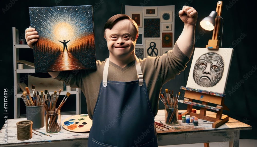 An artist with Down syndrome proudly displays his work. Stock ...