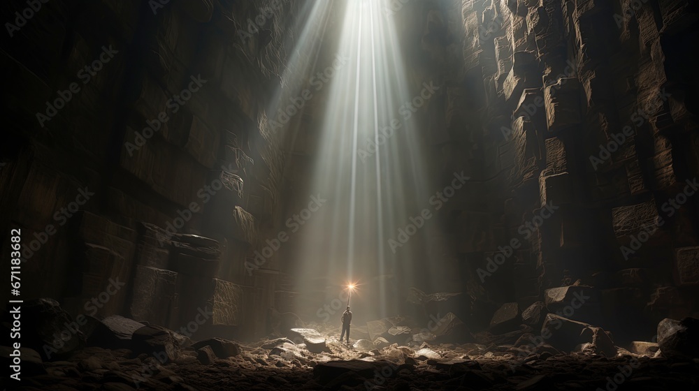 Underground cave, rays of light. Generation AI Stock Illustration ...