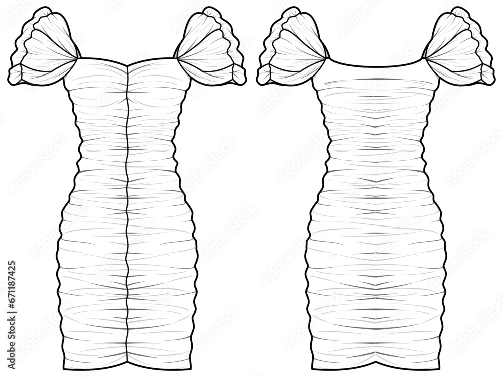 Stockvector Women Puff sleeve ruched mini dress design flat sketch ...