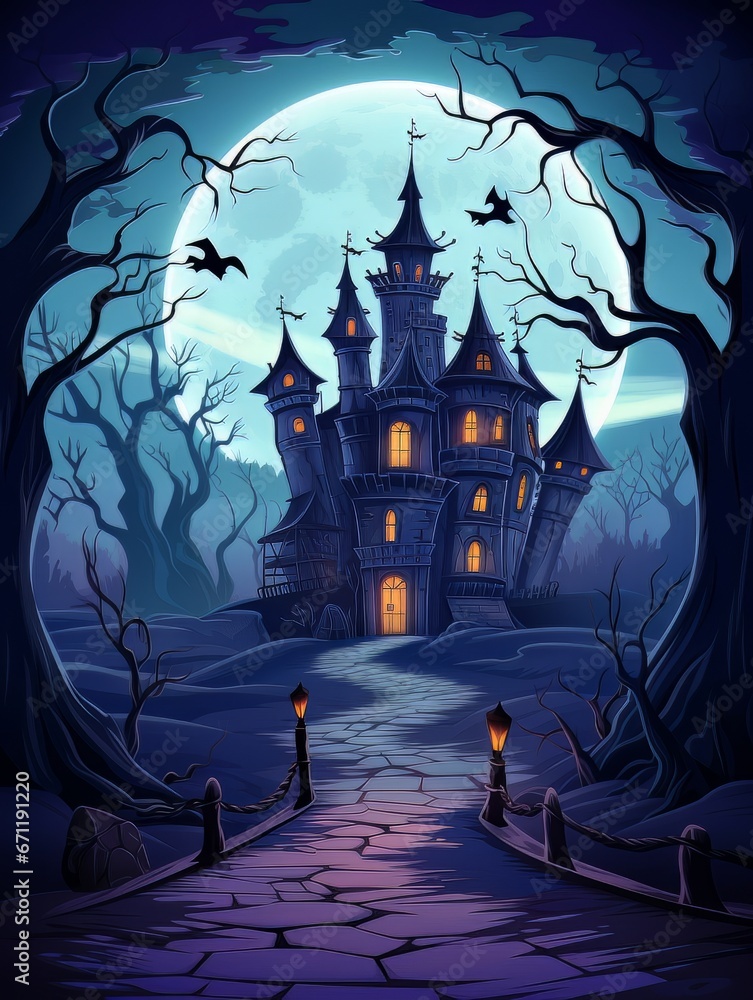Cartoon haunted house on hill on night with full moon. AI Stock ...
