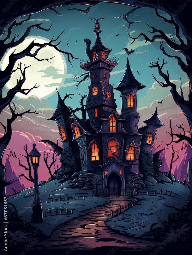 Cartoon haunted house on hill on night with full moon. AI Stock ...