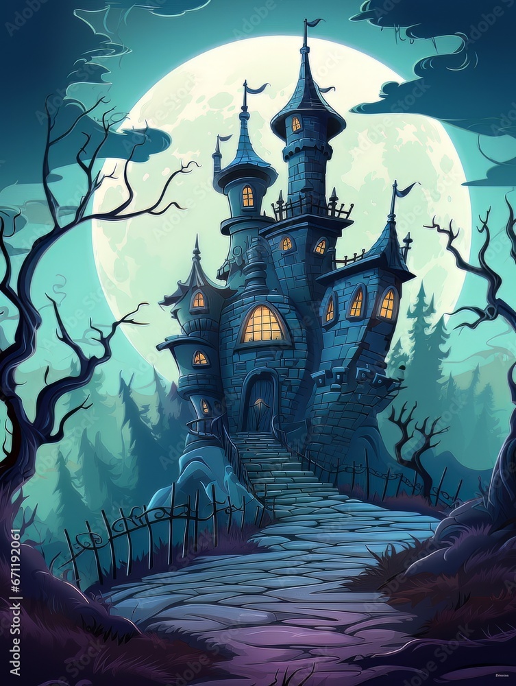 Cartoon haunted house on hill on night with full moon. AI Stock ...