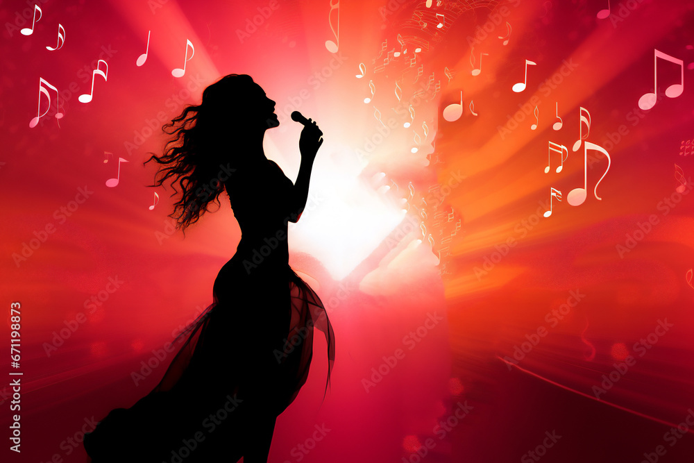 Silhouette of a female diva vocalist singing with a microphone which is ...