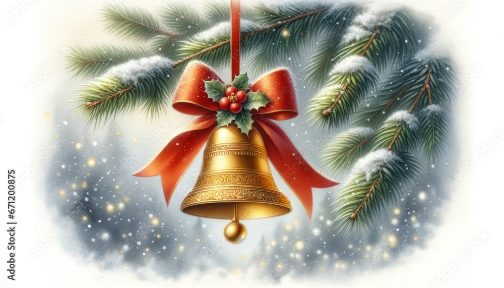 Watercolor painting of a golden Christmas bell adorned with a red ...