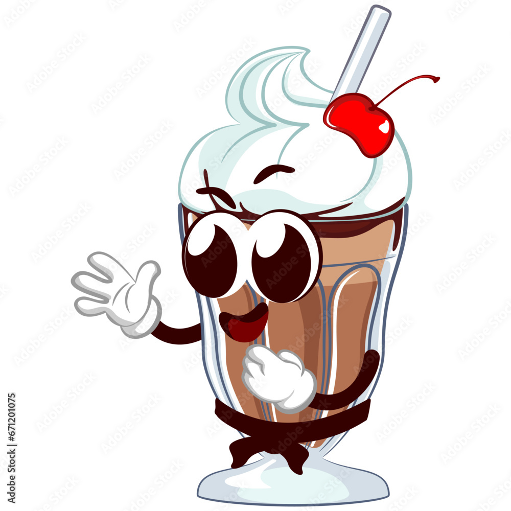 mascot character of a milkshake glass with a funny face practicing ...