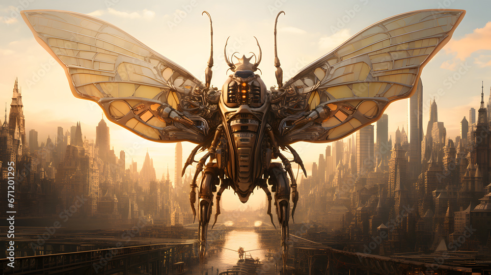 Steampunk-inspired cityscape on the back of a colossal insect, surreal ...