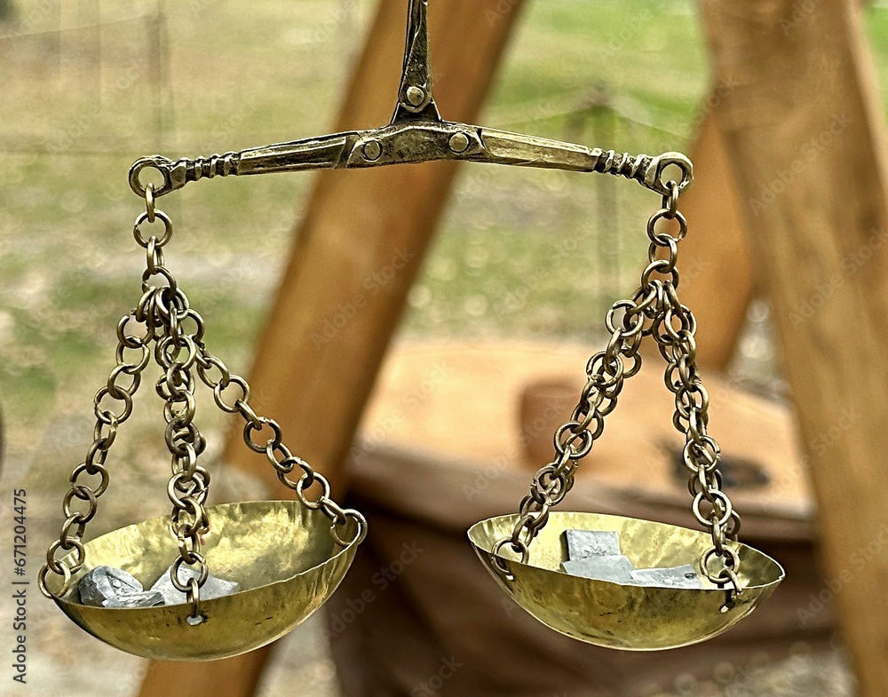 vintage metal scales for weighing coins. historical reconstruction ...