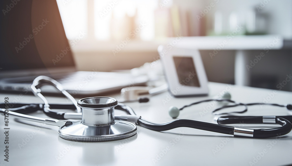 Doctor desk with stethoscope, laptop, and diagnostic medical tools ...