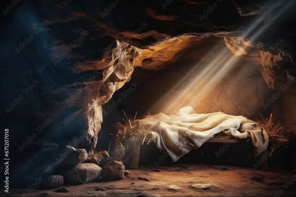 Christian Christmas scene with empty wooden manger, star of Bethlehem ...