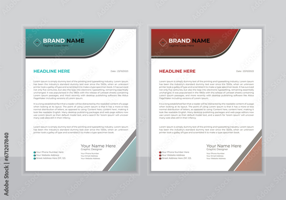 Corporate business letter head design template set with unique shape ...