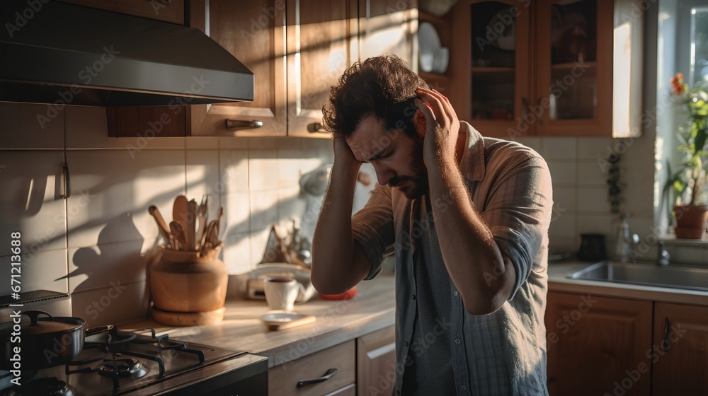 Frustrated, broken and headache overstimulated man standing in kitchen ...