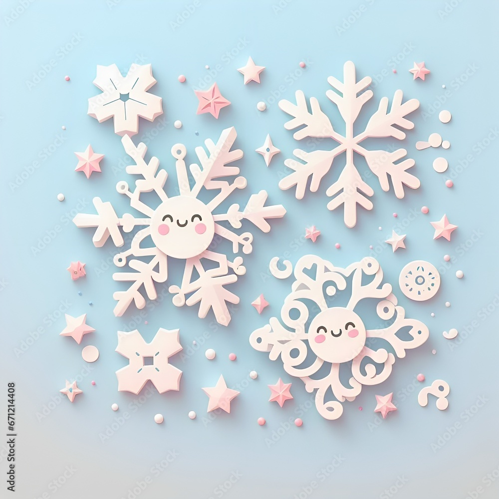 3D paper cut snowflakes with smiling happy faces and blushing rosy ...