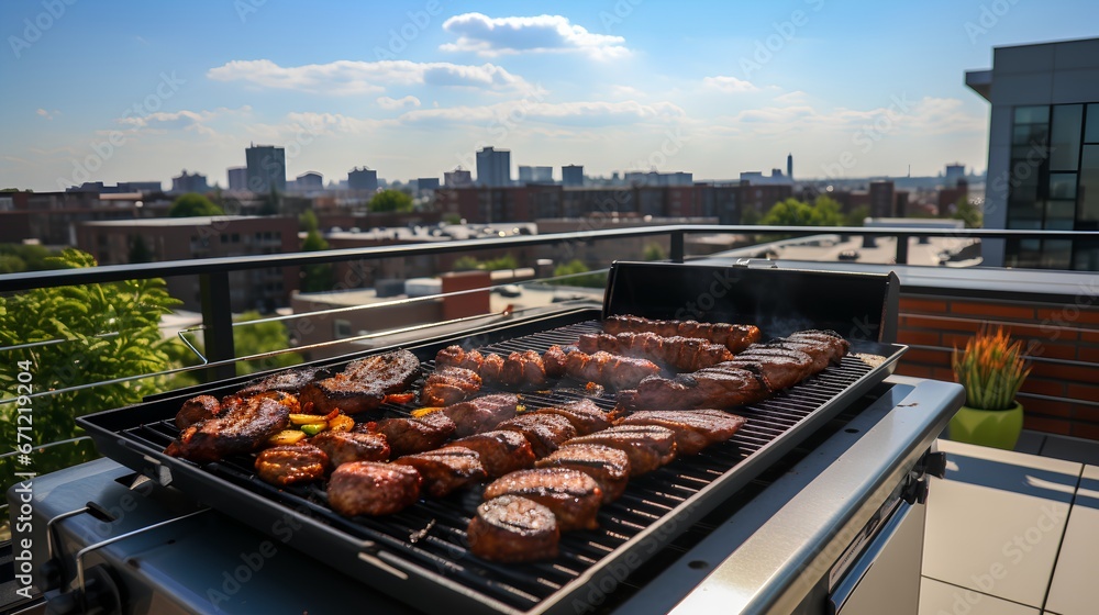 BBQ on lush green rooftop in a bustling urban city. Meat grill and ...